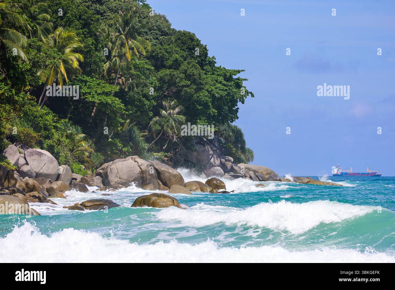Tropical beach with coconut palm trees, view to breacking waves and big stones Stock Photo - Alamy