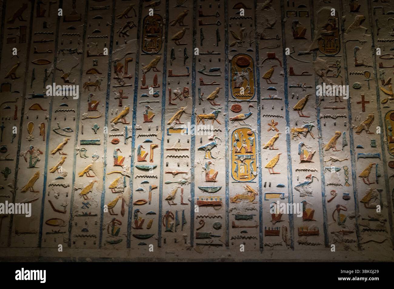 Colorful hieroglyphics preserved on an ancient stone wall lit ...