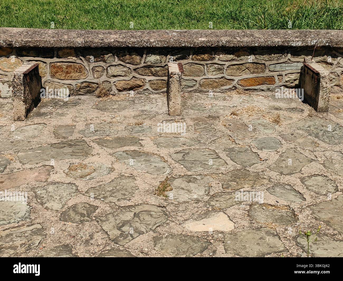 Stone Wall and Ground with Concrete Bench Structures. Grass in the ...
