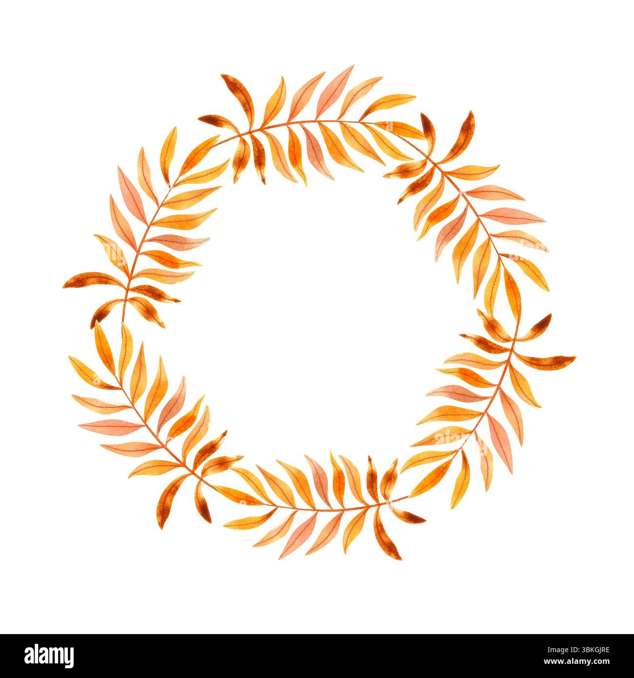 Autumn round frame with watercolor leaves on a white background. Plants ...
