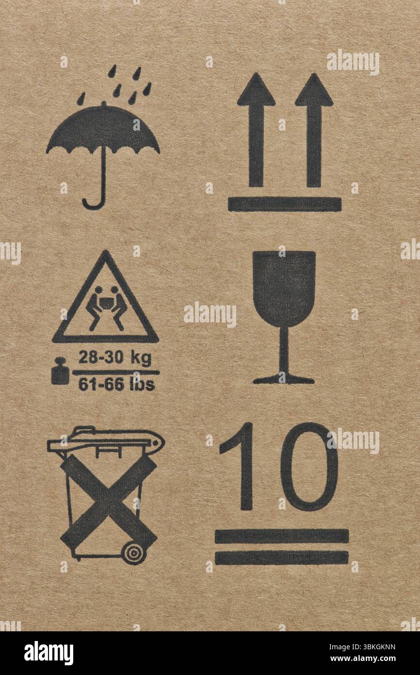 Warning labels packaging symbols silhouette shapes umbrella glass ...