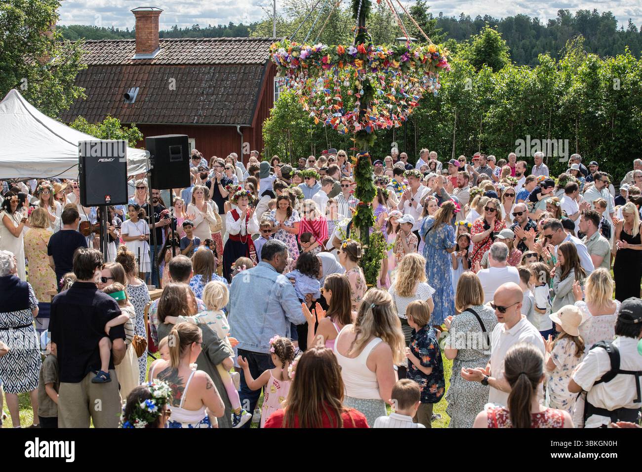 Traditional celebrations around the maypole on Midsummer Eve in ...