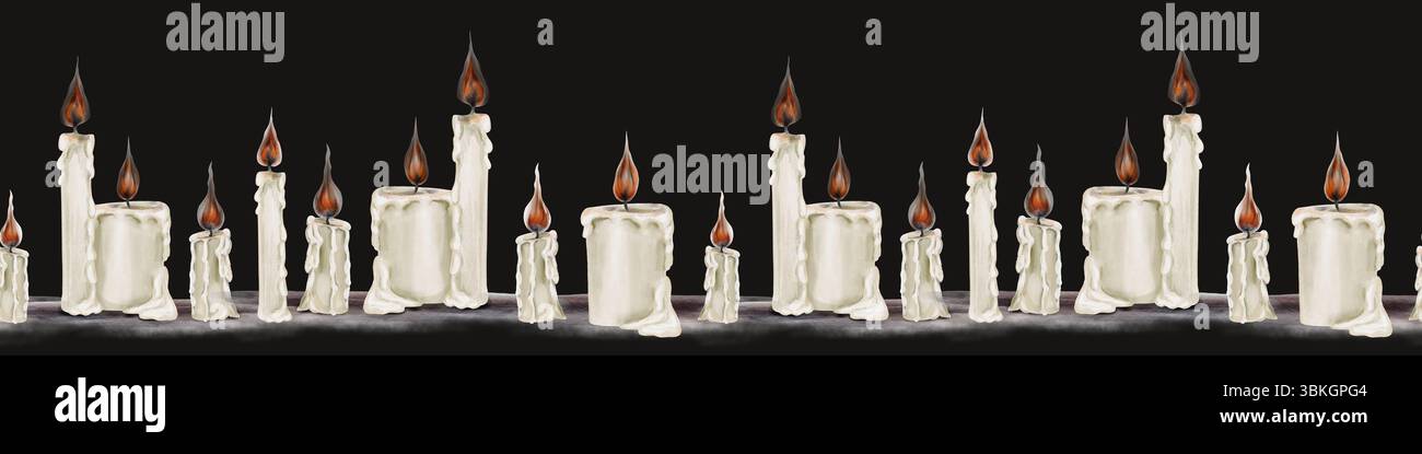 Seamless border of gothic candles. White candles long and short burn ...