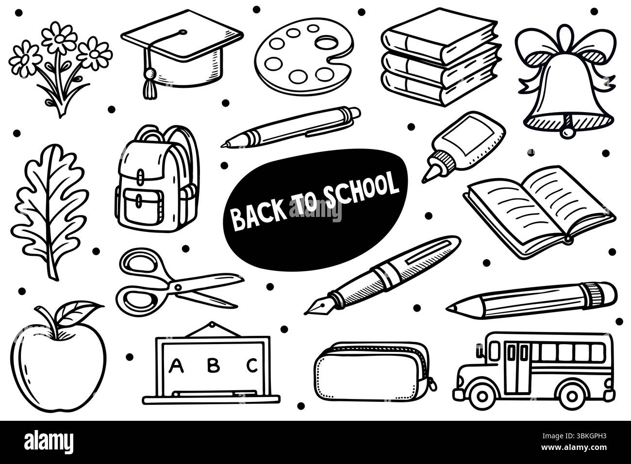 A collection of back-to-school items including a backpack, books, apple ...