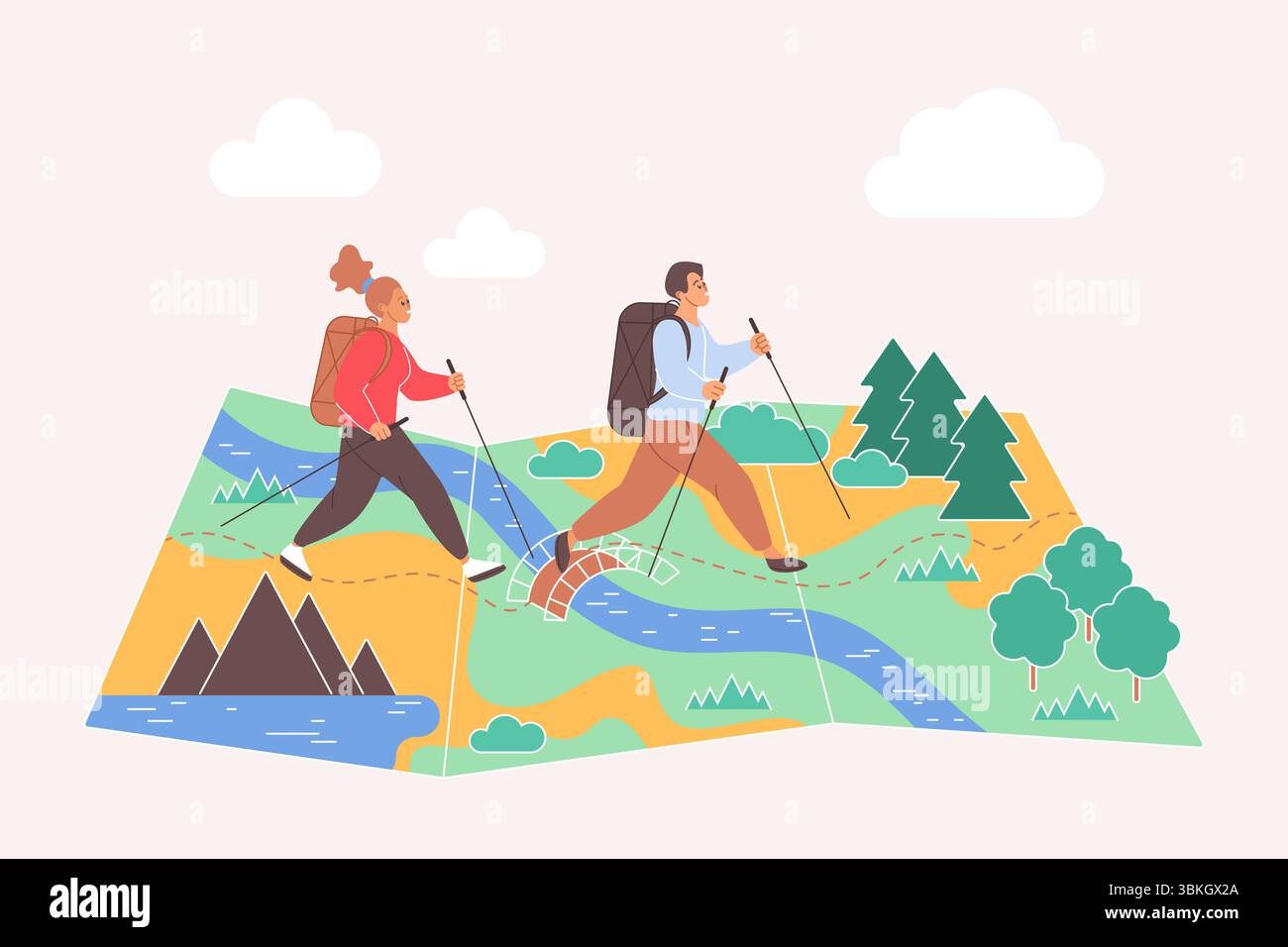 Travel summer adventure of people on map, journey in nature, tourism ...