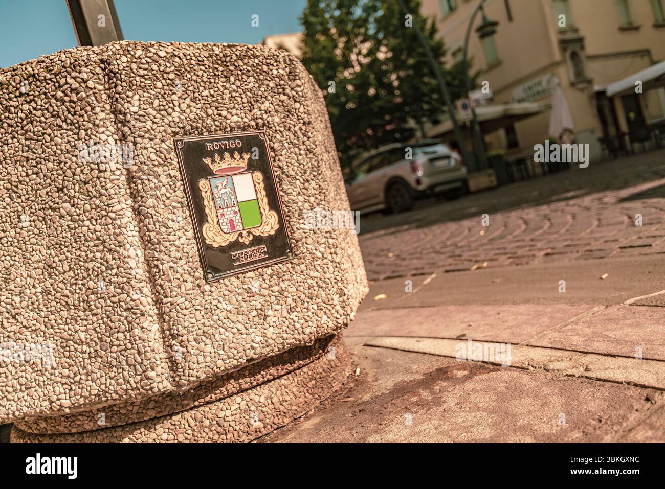 Rovigo, italy 21 june 2025, close up of a concrete bollard displaying ...