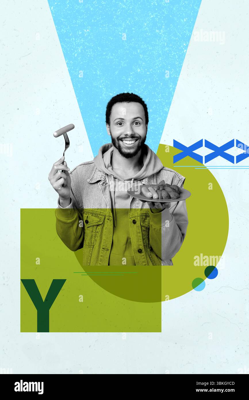 Banner trend collage of person stand eating on blue background with x y ...