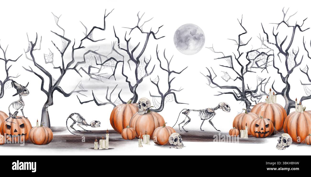 Seamless border with cat skeletons and scary forest. Halloween decor ...