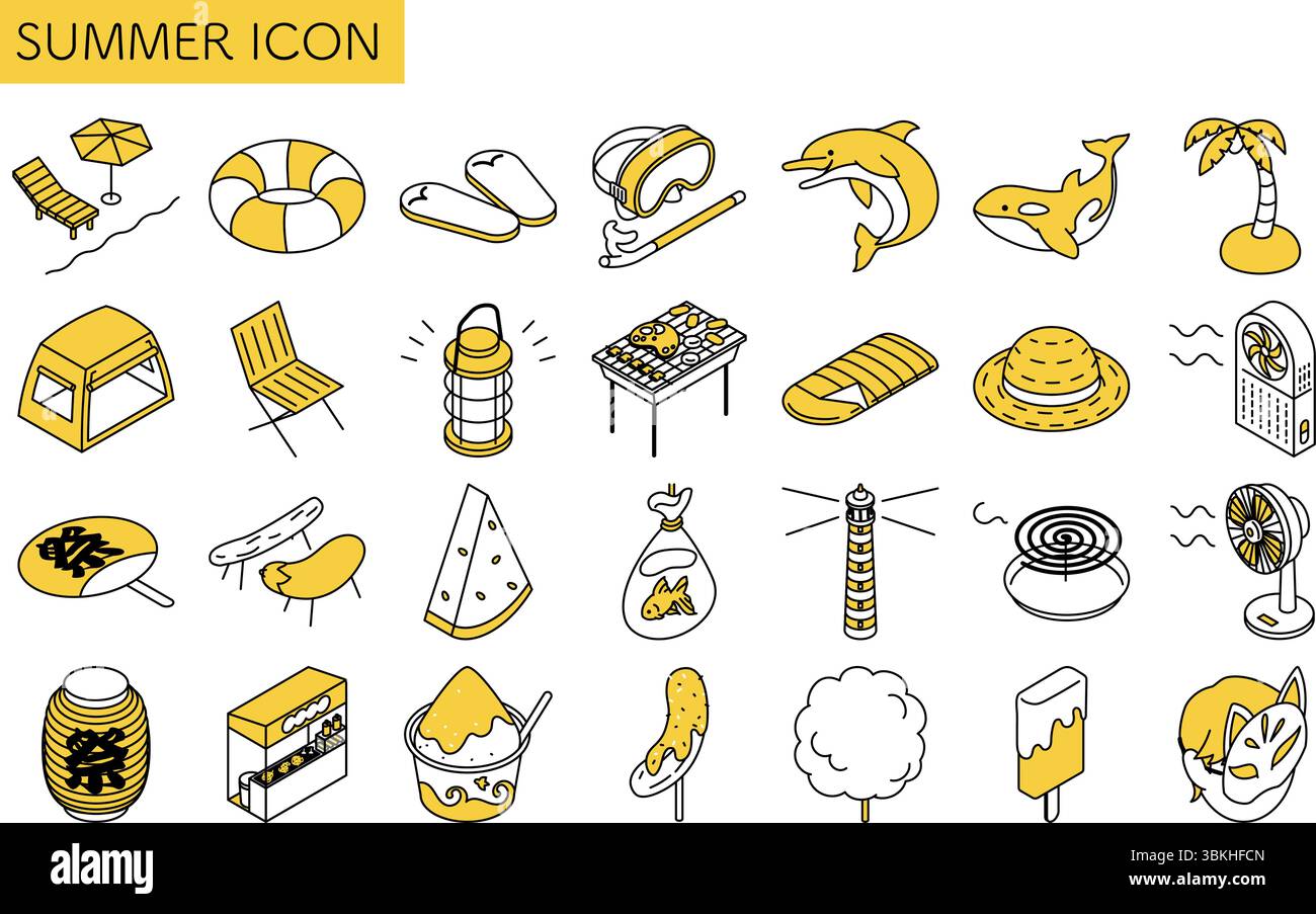 Isometric line art illustration of simple summer icon set including ...