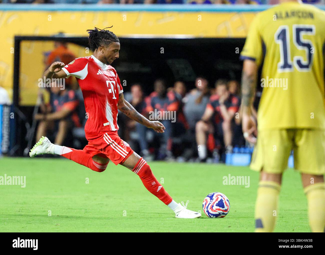 Bayern Munich Midfielder Michael Olise (17) takes a free kick at the ...
