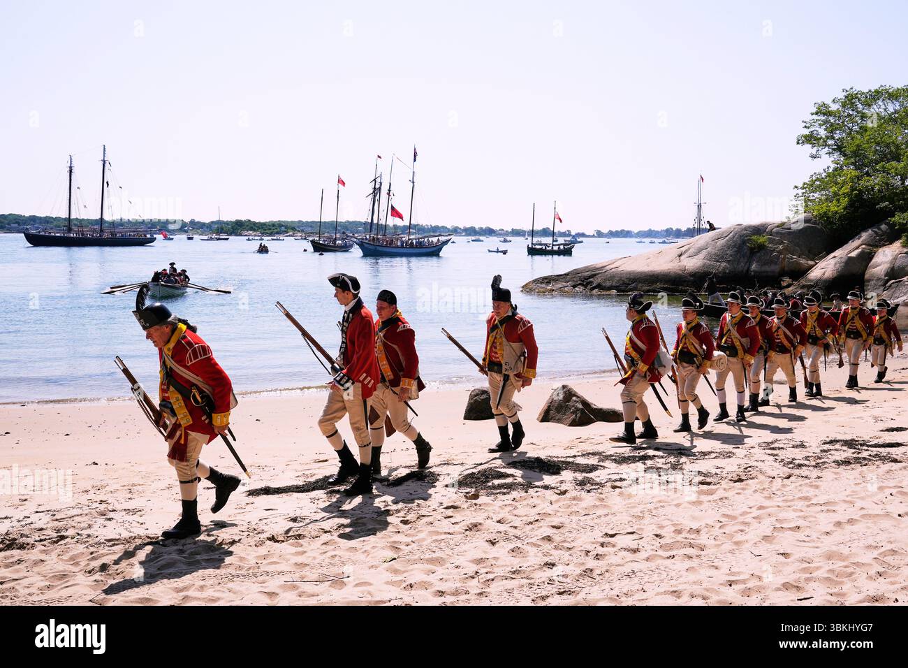 British soldiers march on the beach while preparing to face Colonial ...