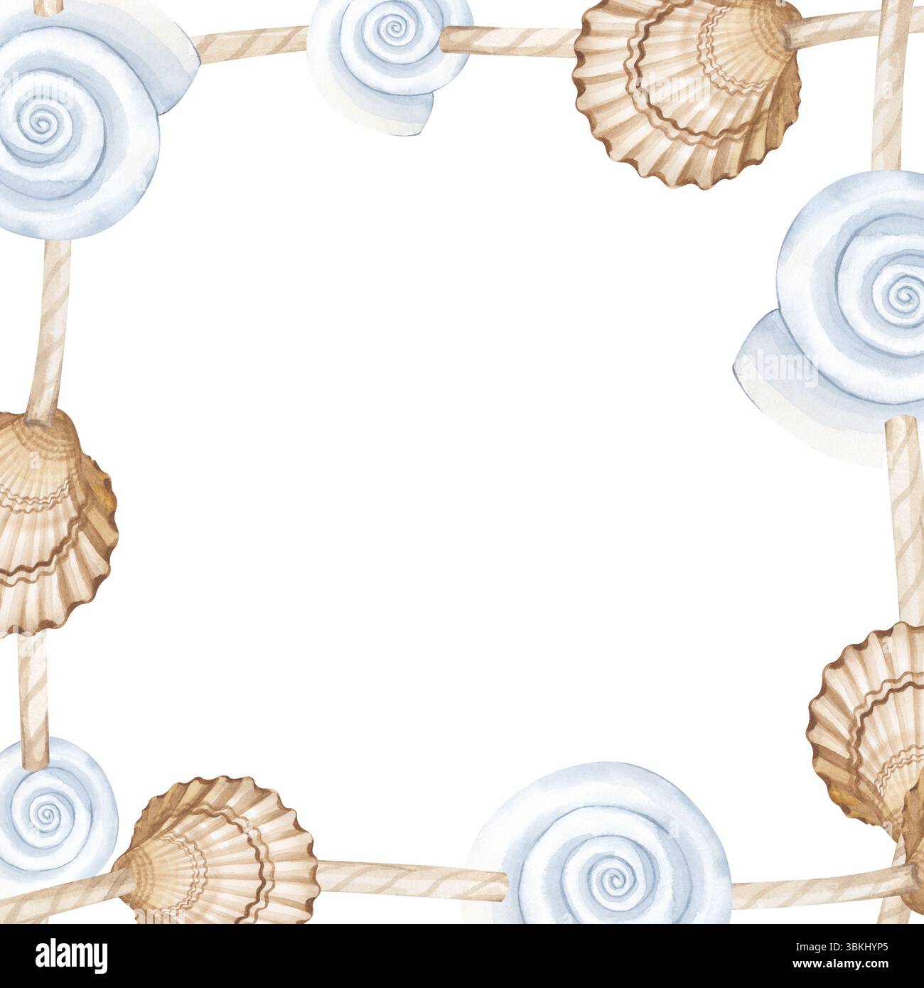 A square frame with hand-drawn shell pendants. Watercolor illustration ...
