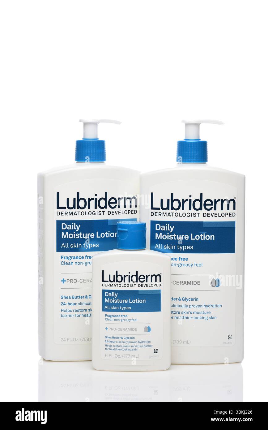 IRVINE, CALIFORNIA -20 JUNE 2025: Three plastic bottles of Lubriderm ...
