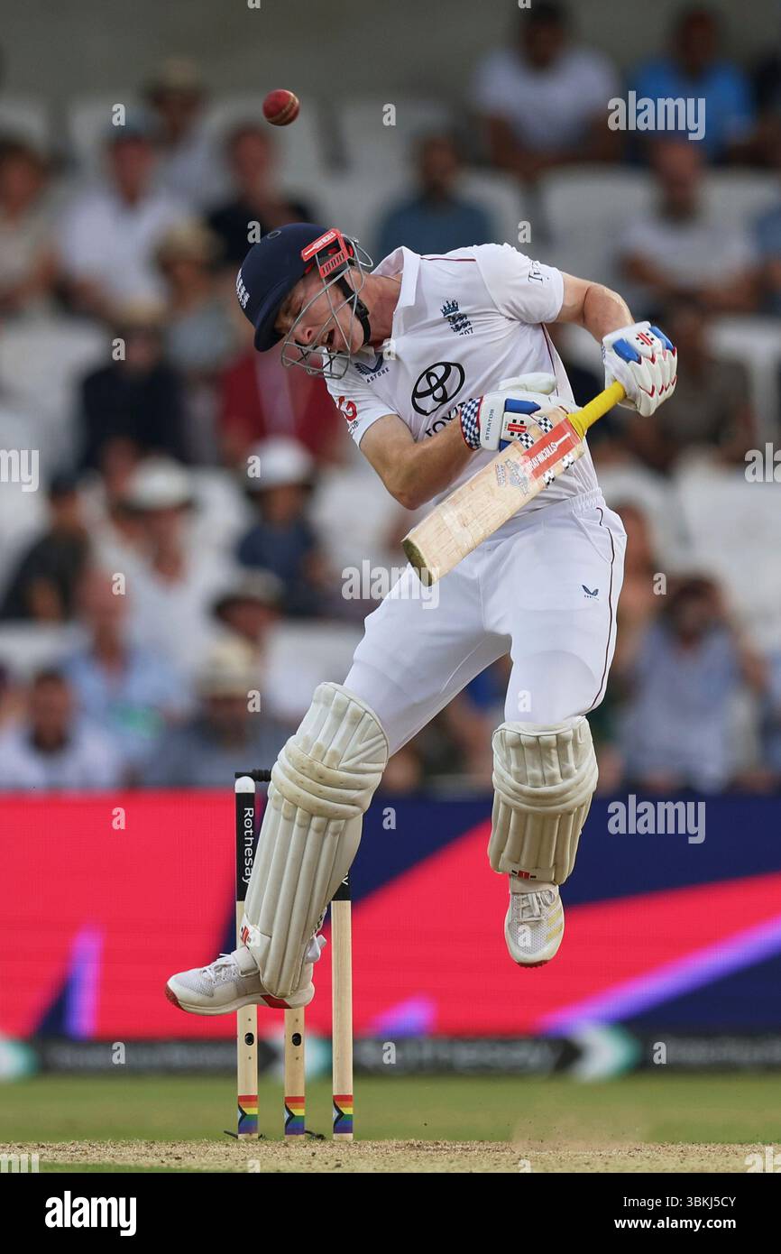 England's Harry Brook bats on day two of the first cricket test match ...