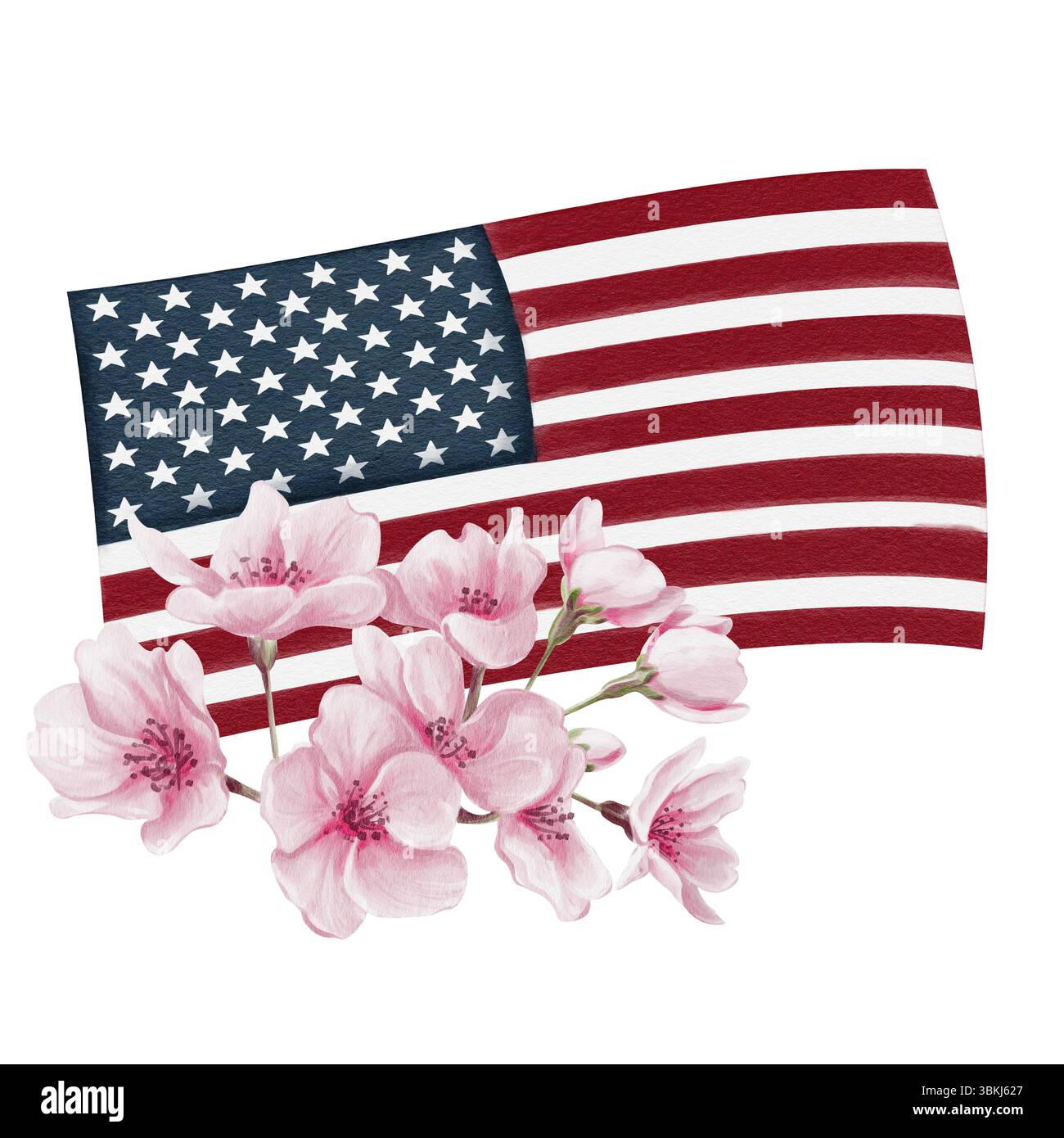 Flag of the United States of America in blooming pink flowers. Cherry ...