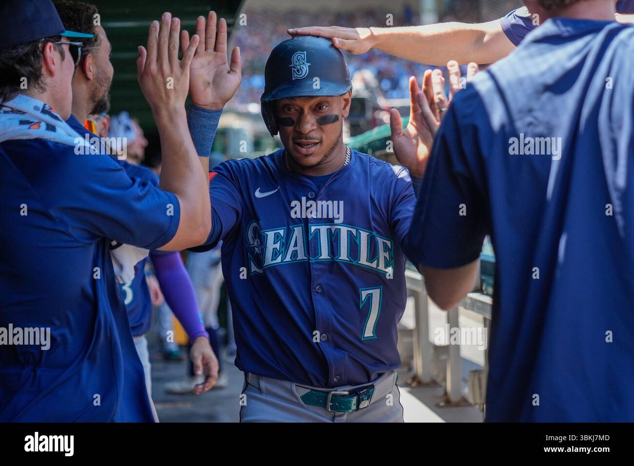 Seattle Mariners designated hitter Jorge Polanco (7) celebrates after ...