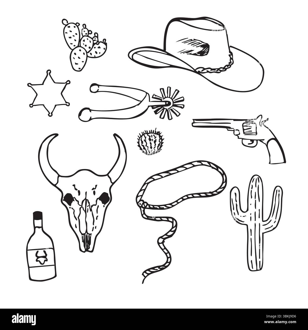 Hand drawn western vector doodles. Line art illustrations with wild ...