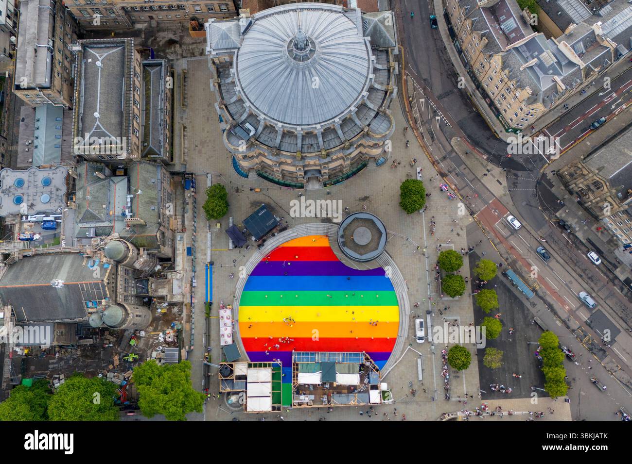 Giant rainbow across Bristo Square, in front of the McEwan Hall, for ...