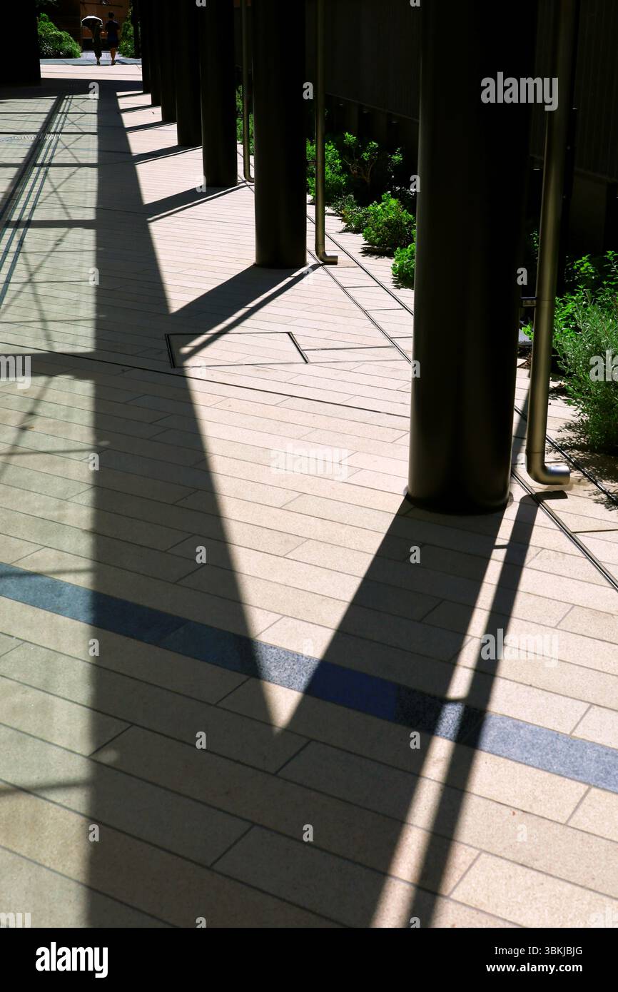 Glass-roofed colonnade corridor of a commercial building in the summer ...