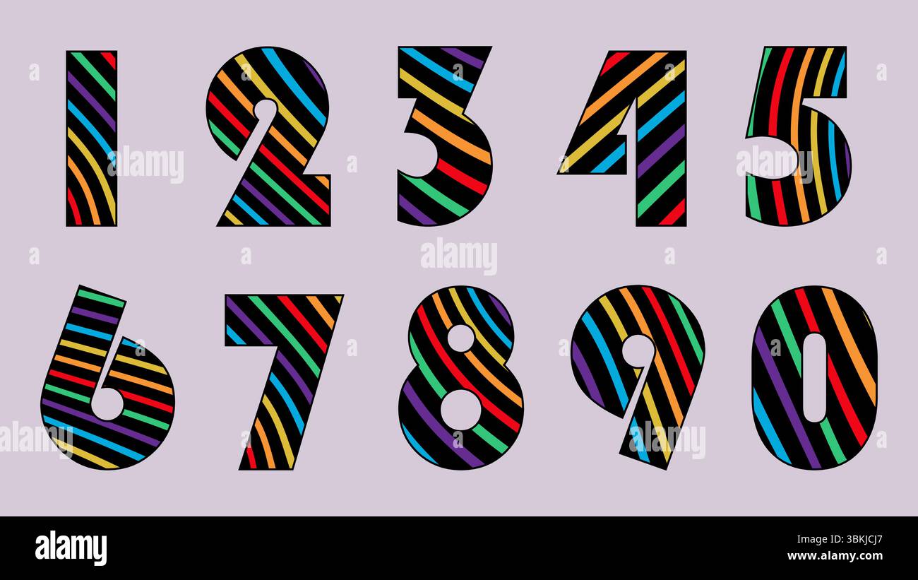 A set of vector colorful striped numbers. Bright fun numbers collection ...