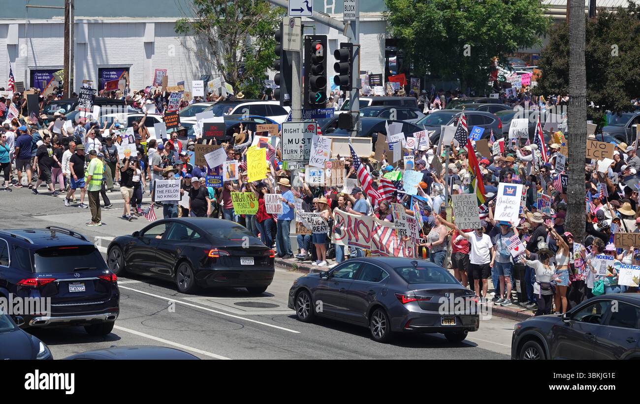 Los Angeles, California, USA - June 14, 2025: Protesters are shown on ...