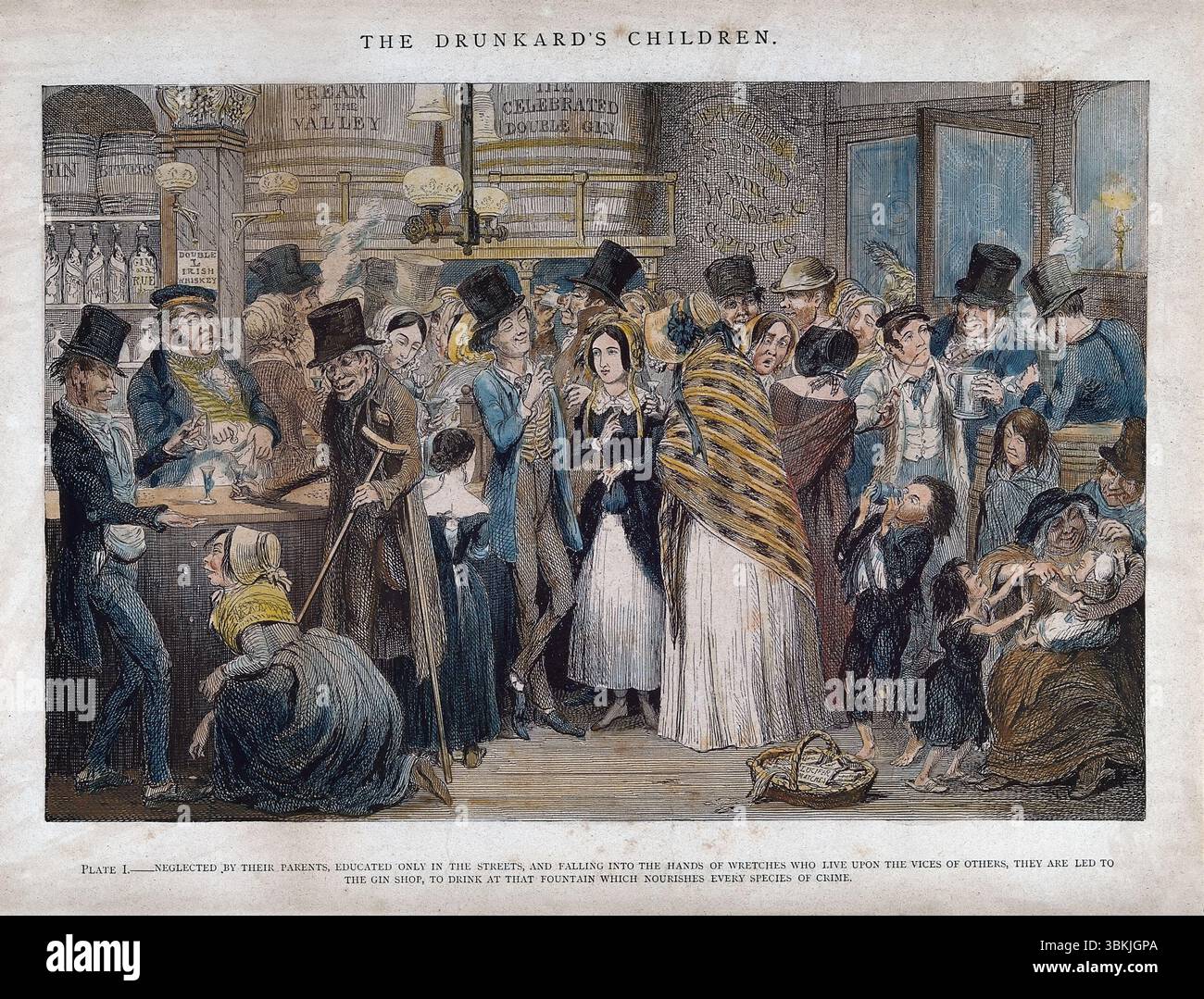A Victorian era engraving of The Drunkards Children 1848, a drunken ...