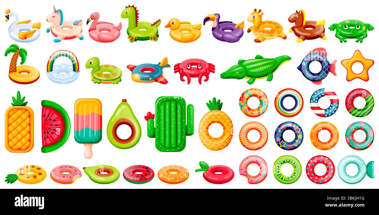 Pool inflatable rings and floats collection. Vector illustration of ...