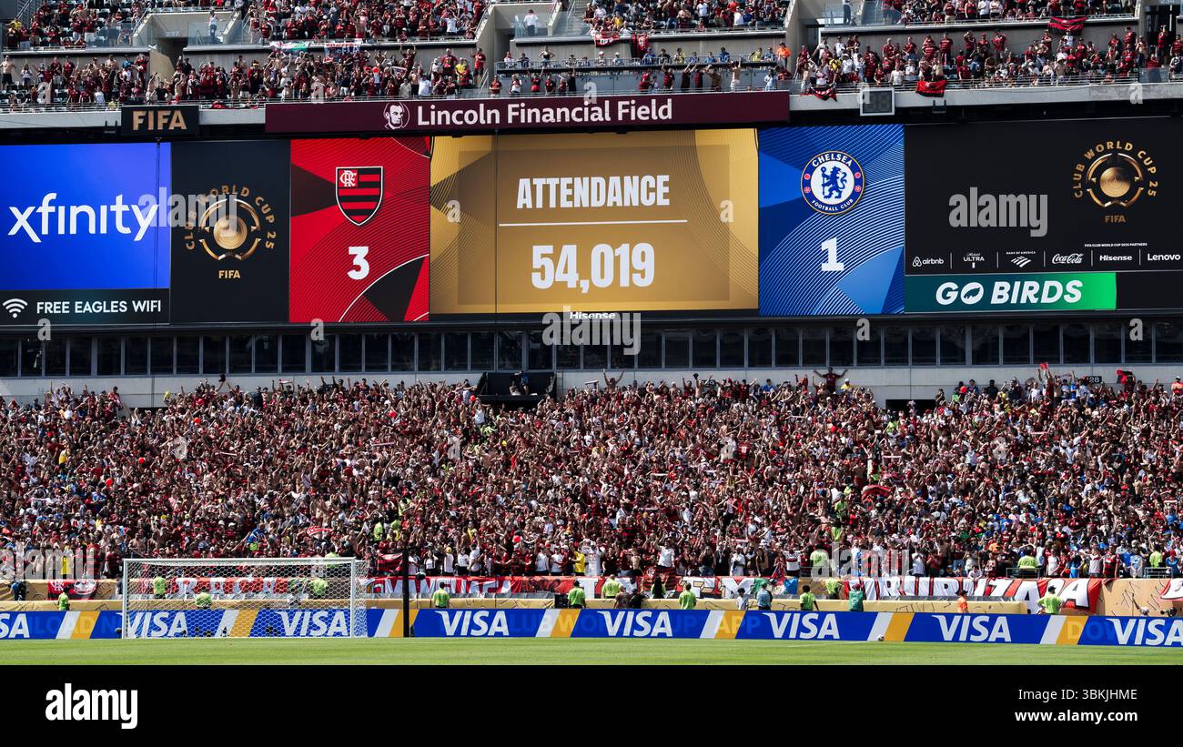 A giant screen displays the attendance of the match during the FIFA ...