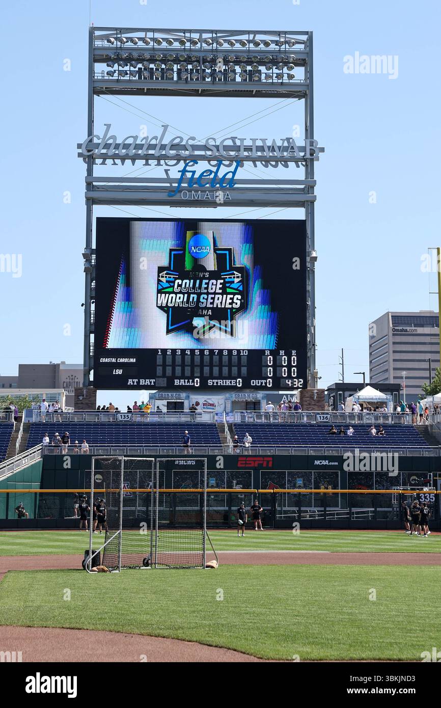 Omaha, NE, USA. 21st June, 2025. The College World Series signage is ...