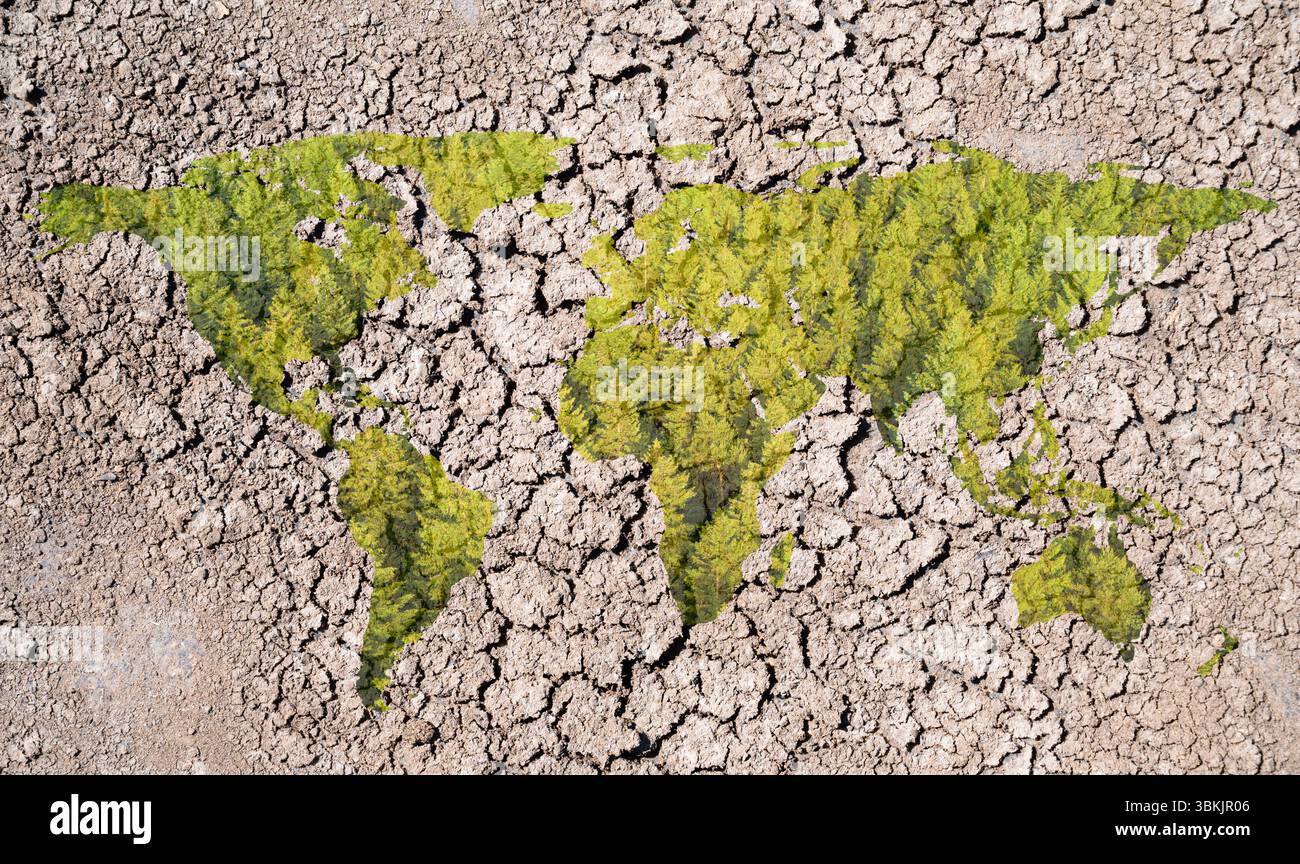 Dry Cracked Ground With World Map, Hot Summer, Global Warming And ...