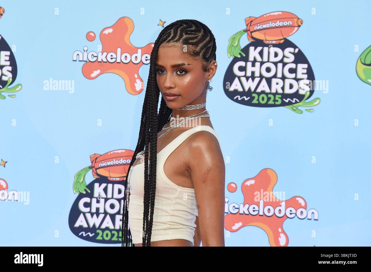Tyla arrives at the Nickelodeon Kids' Choice Awards on Saturday, June 21, 2025, at The Barker ...