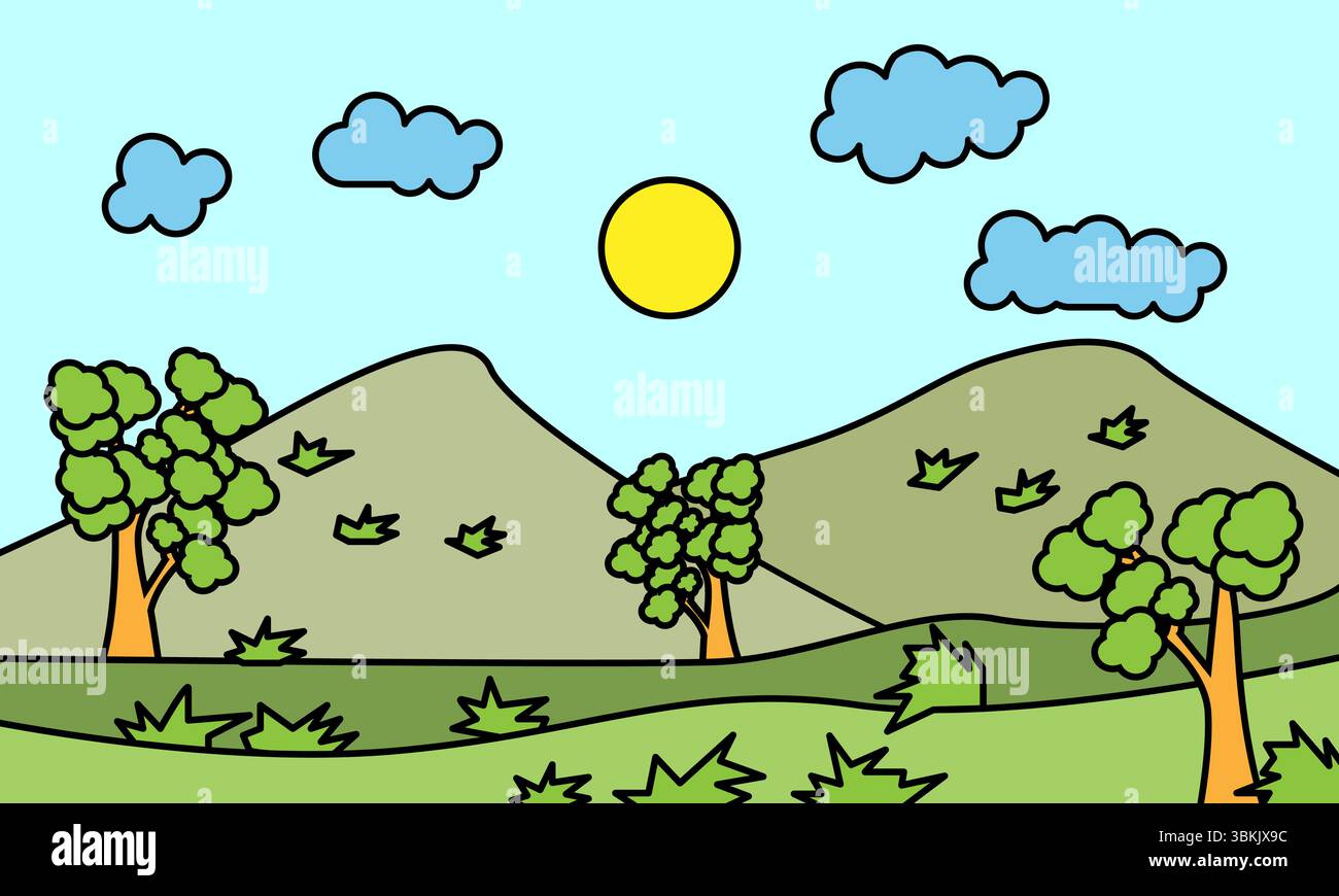 kids drawing of a sunny landscape with hills and trees design vector ...
