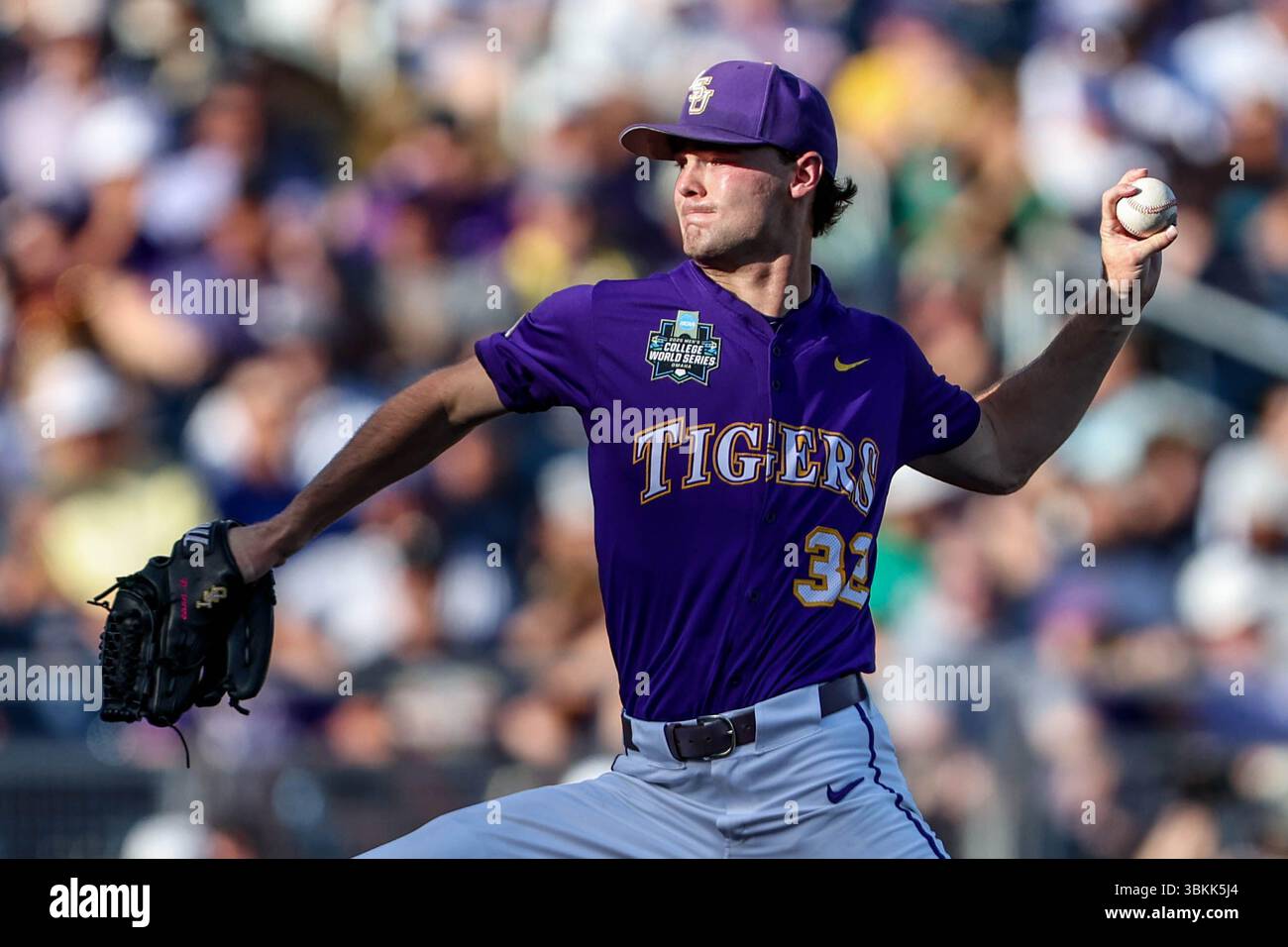 Omaha, NE, USA. 21st June, 2025. LSU starting pitcher Kade Anderson (32 ...