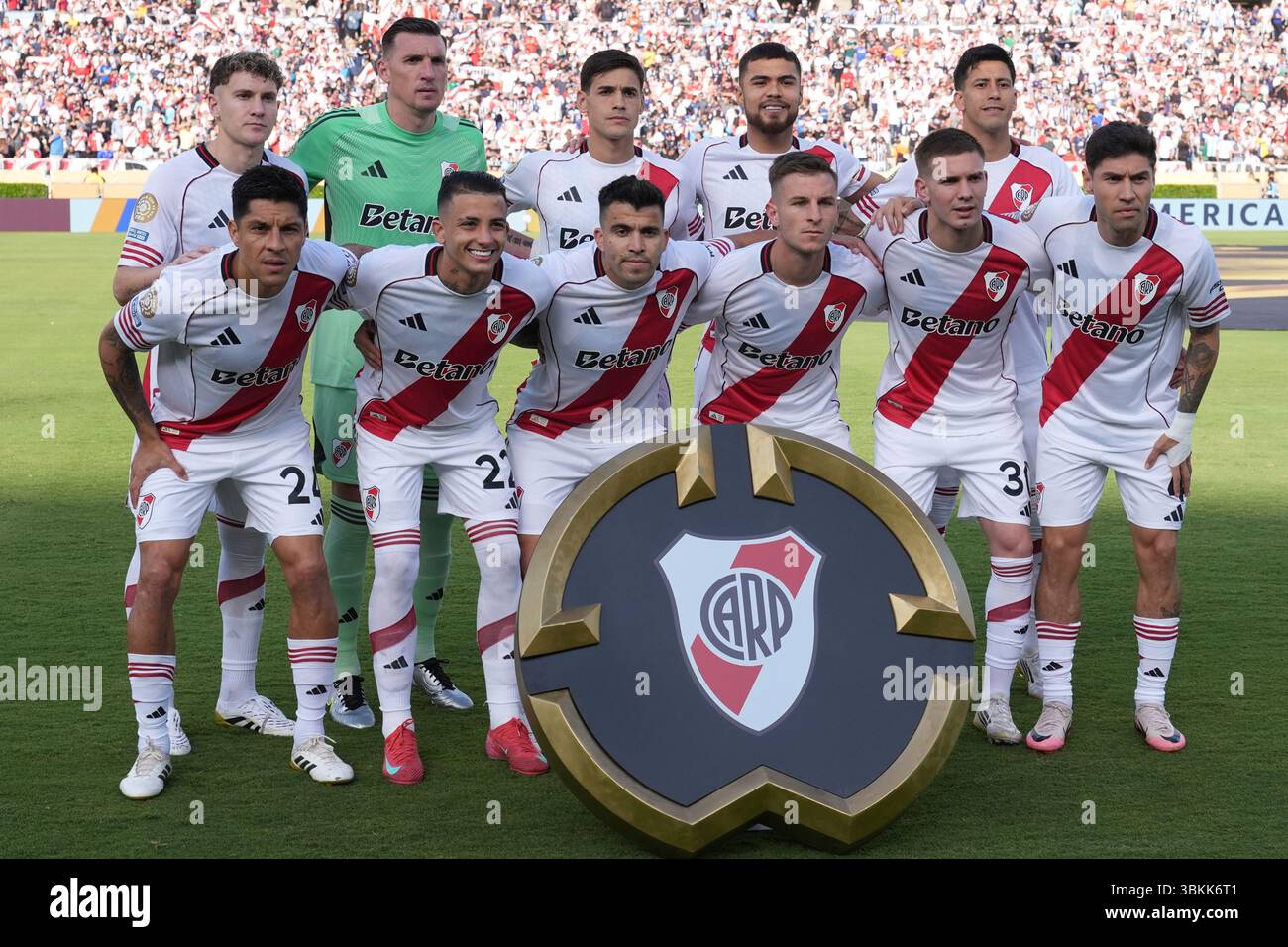 River Plate's starting players pose for a team photo at the beginning ...