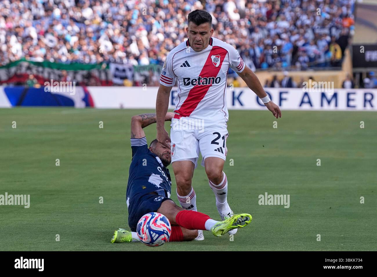 Monterrey's Jesus Manuel Corona, bottom, and River Plate's Marcos Acuna ...