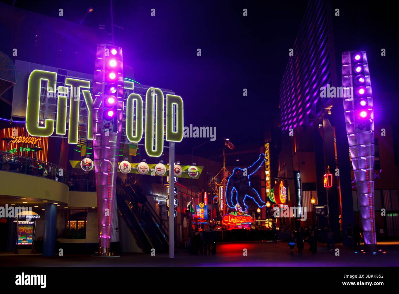 The Universal Citywalk shops and restaurants at night, Universal Studios Hollywood amusement ...