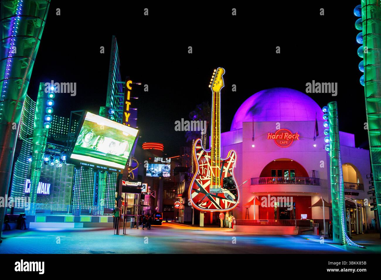 The Universal Citywalk shops and restaurants at night, Universal Studios Hollywood amusement ...
