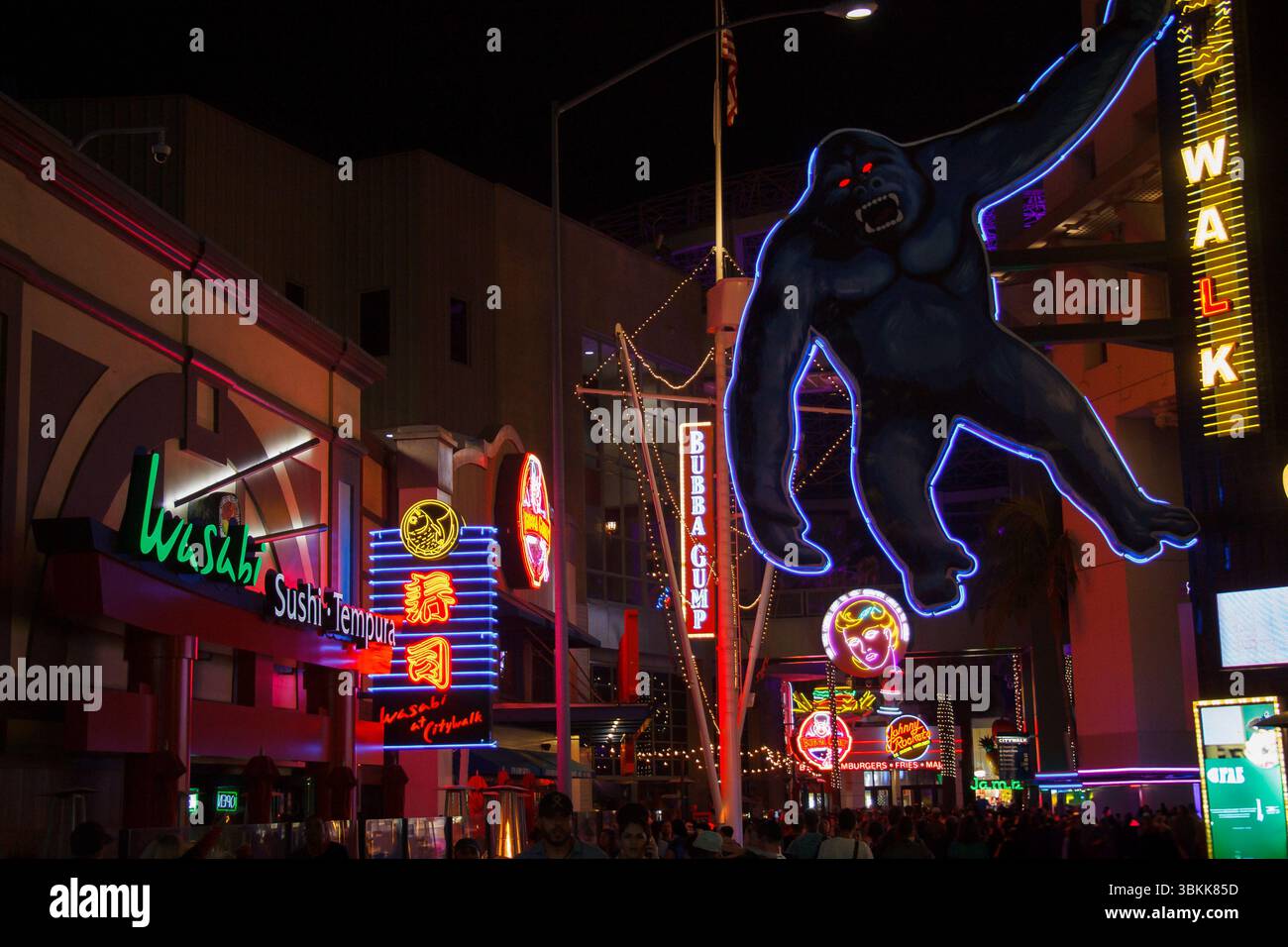 The Universal Citywalk shops and restaurants at night, Universal Studios Hollywood amusement ...
