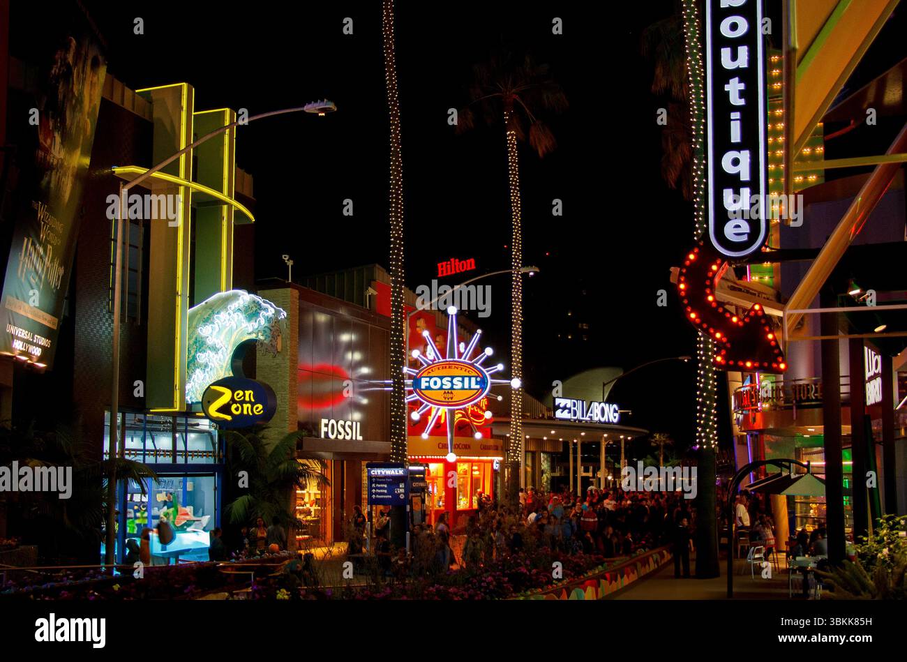 The Universal Citywalk shops and restaurants at night, Universal Studios Hollywood amusement ...