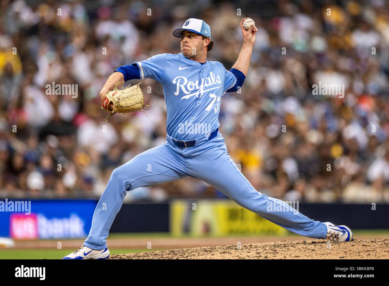 Kansas City Royals relief pitcher Sam Long throws against the San Diego ...