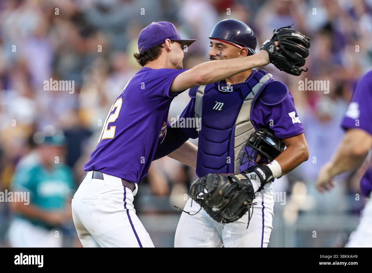 June 21, 2025: LSU starting pitcher Kade Anderson (32) celebrates with ...