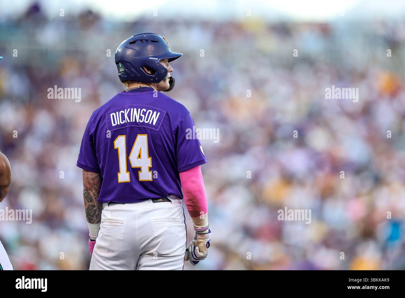 June 21, 2025: LSU's Daniel Dickinson (14) watches the replay on the ...
