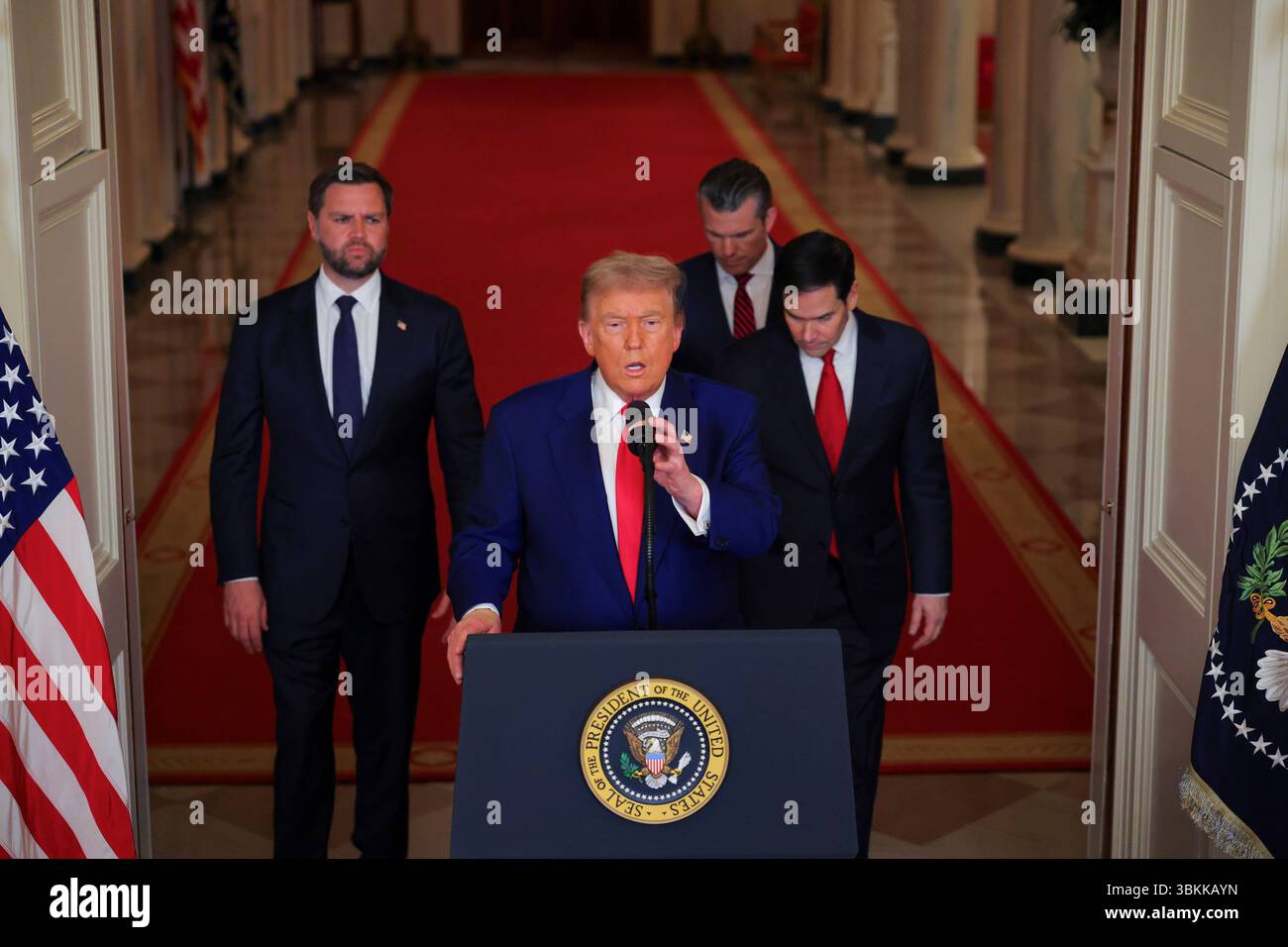 President Donald Trump speaks from the East Room of the White House in ...