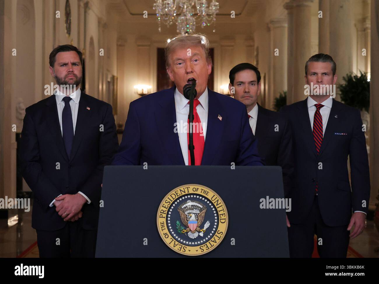 President Donald Trump speaks from the East Room of the White House in ...