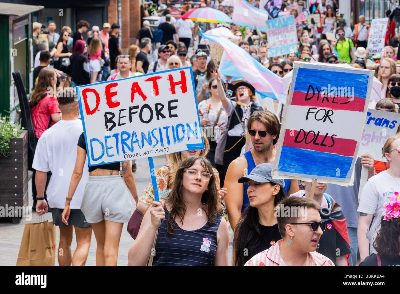 Nottingham, UK. 21 JUN, 2025. "Death Before Detransition" sign as ...