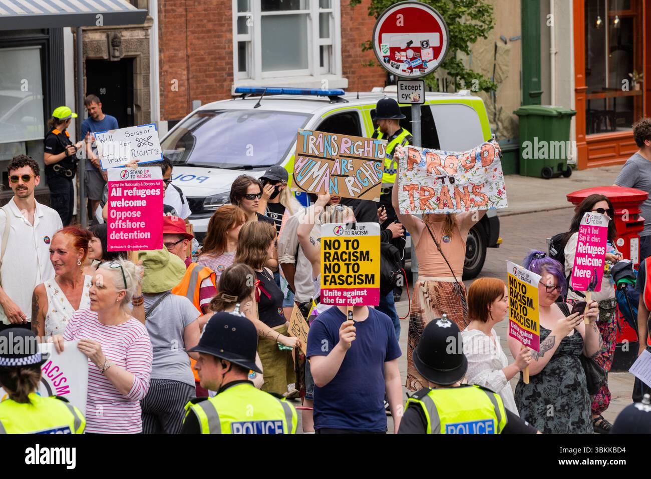 Nottingham, UK. 21 JUN, 2025. Counter protestors assemble as UKIP held ...