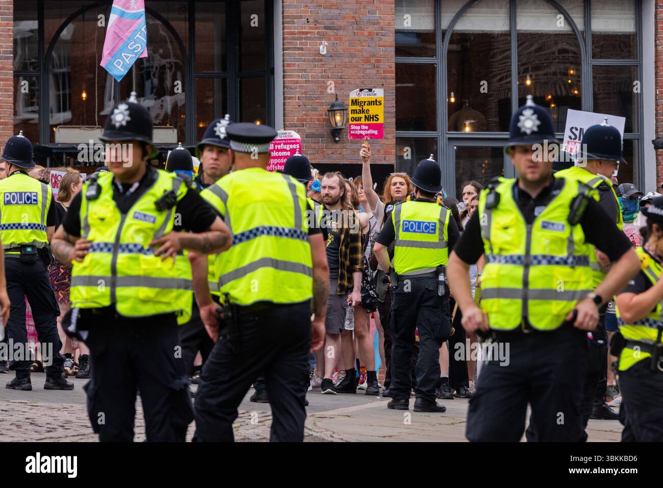 Nottingham, UK. 21 JUN, 2025. Counter protestors assemble as UKIP held ...