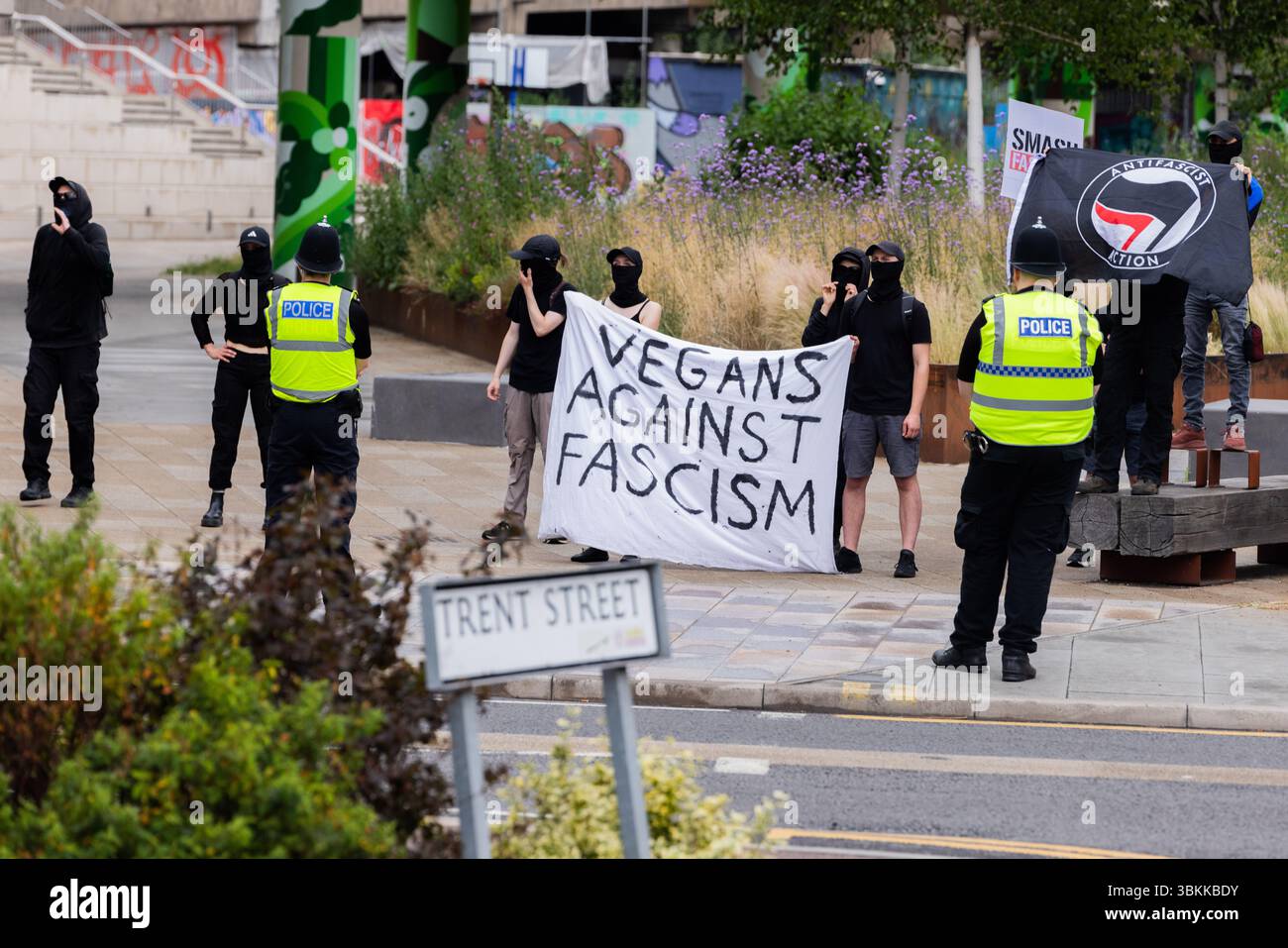 Nottingham, UK. 21 JUN, 2025. Antifa counter demo as UKIP held a rally ...