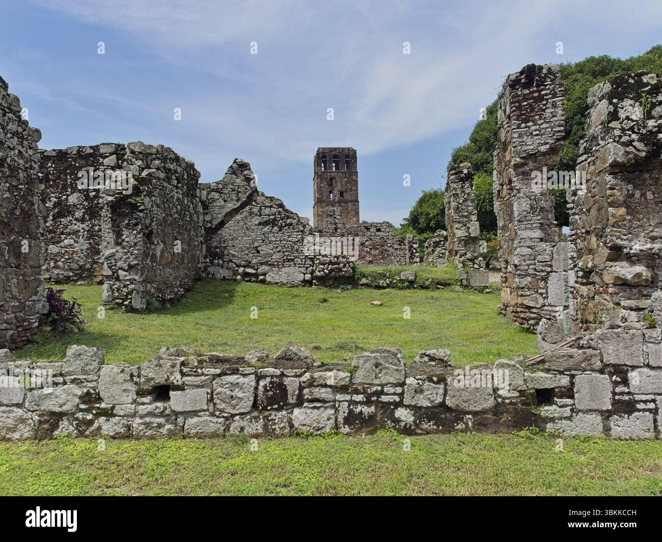 Old Panama Cathedral tower in Panama Viejo, Panama (with other ruins ...
