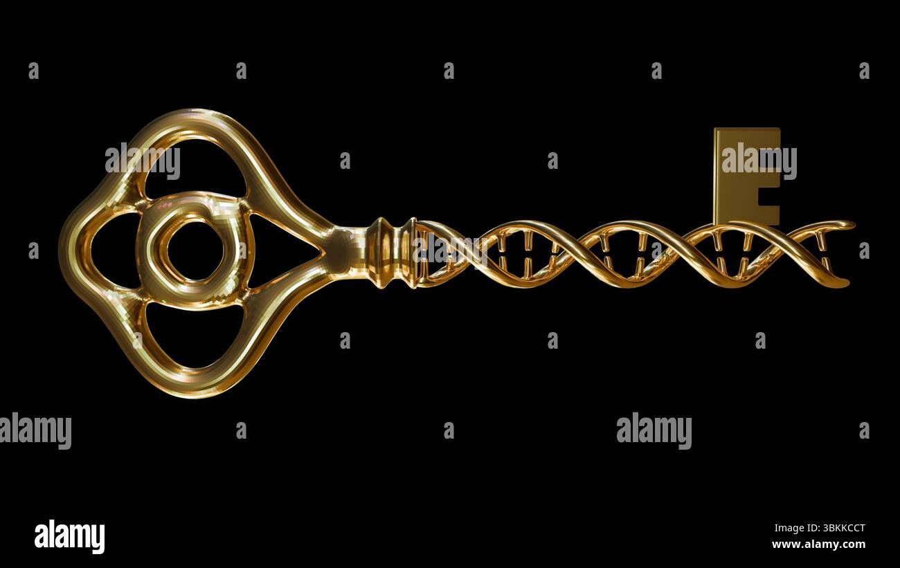 A 3d rendering of golden key with a double helix structure resembling a ...